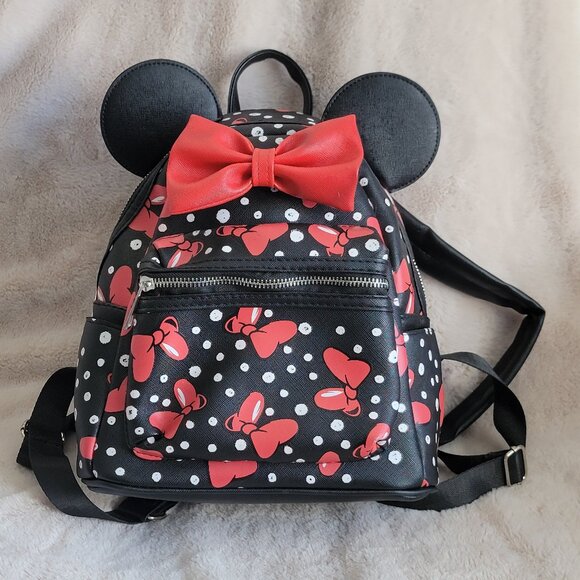 Disney | Bags | Disney Minnie Mouse Mini Backpack Red Bows Ears Black ...